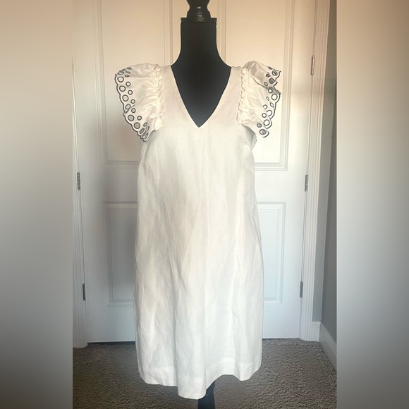 J. Crew | Dresses | J Crew White Linen Mini Dress With Ruffle Sleeve ...